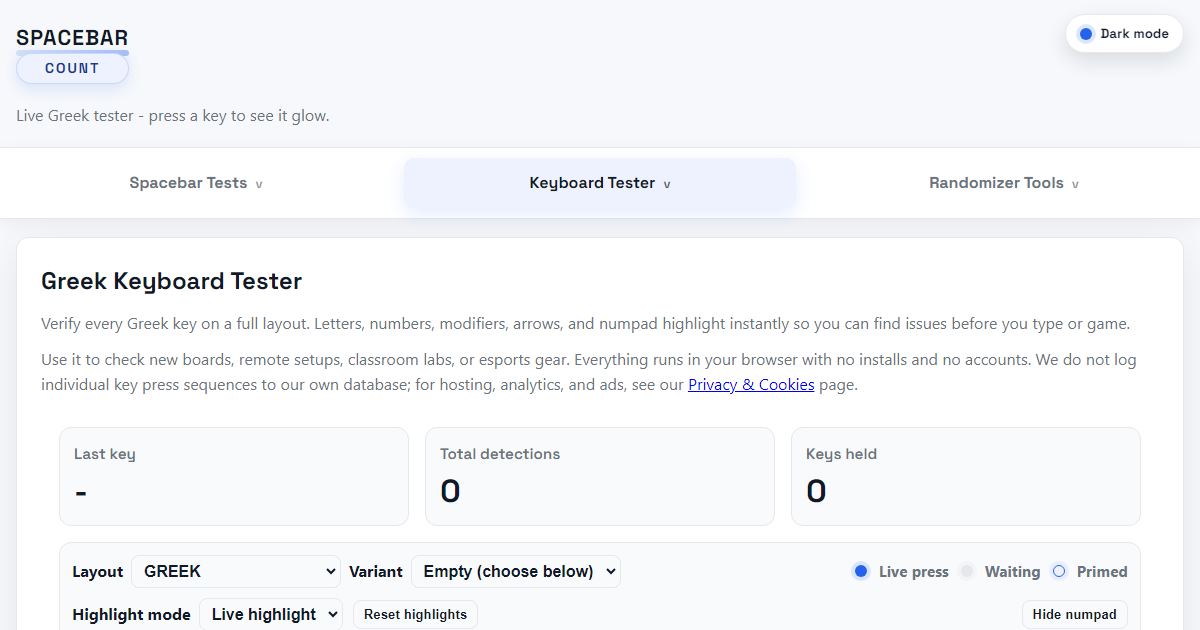Greek Keyboard Tester | Live Layout Checker