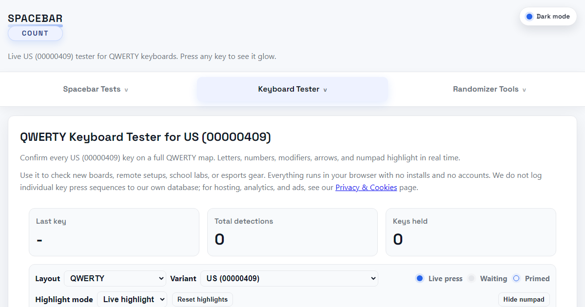 US (00000409) Keyboard Tester | Live QWERTY Layout Checker